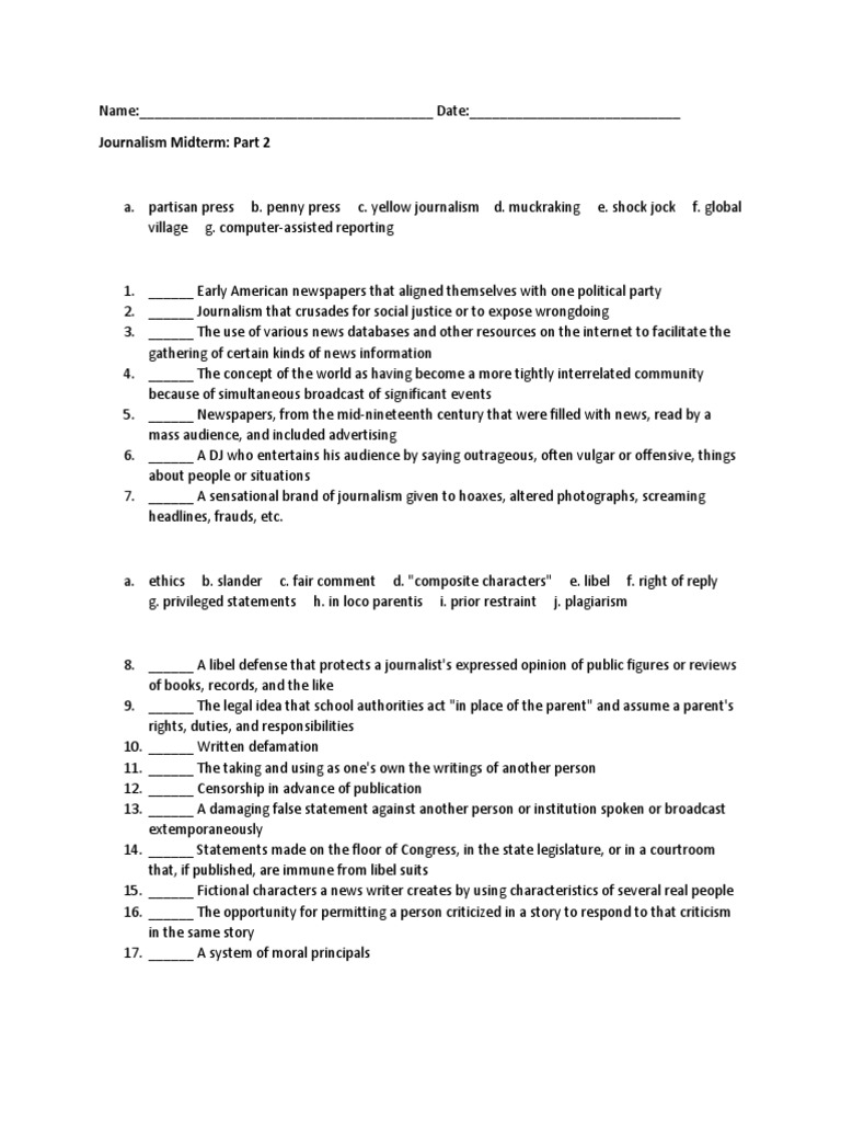 Journalism Midterm Key Terms Quiz | PDF | Journalism | Defamation
