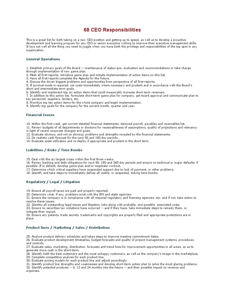 68 CEO Responsibilities | PDF | Stocks | Mergers And Acquisitions
