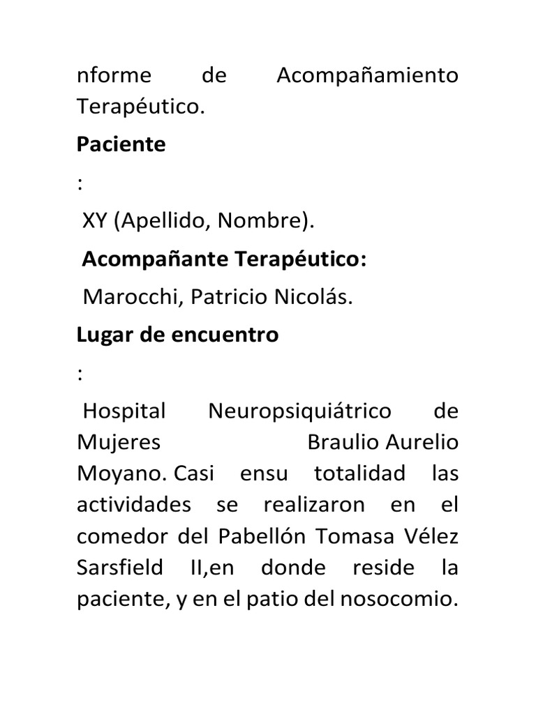 INforme de Acompañamiento Terapéutico | PDF | Hospital y clinica ... INforme de Acompañamiento Terapéutico | PDF | Hospital y clinica ...