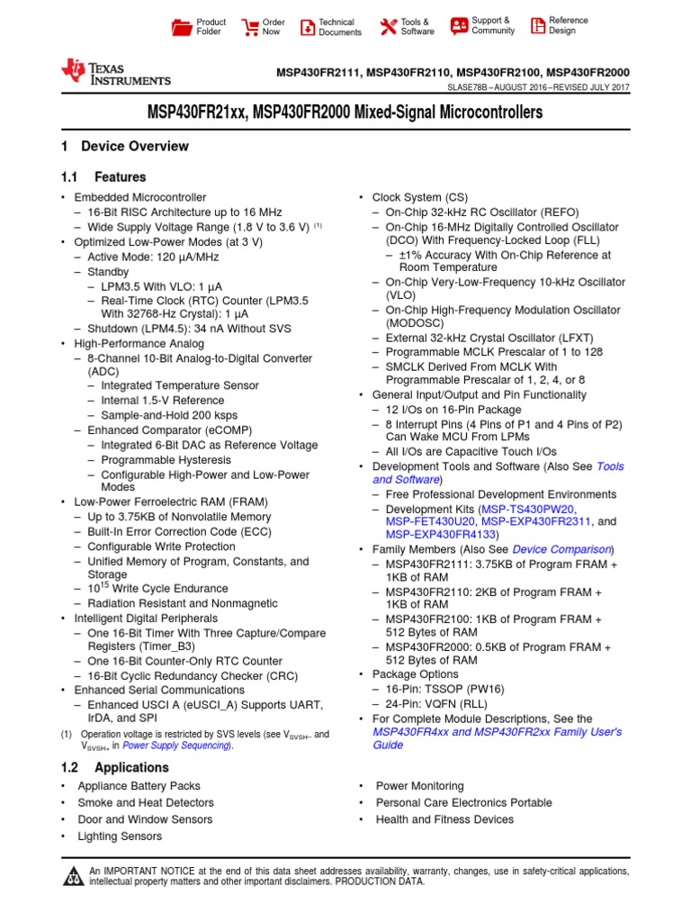 MSP430FR21xx, MSP430FR2000 Mixed-Signal Microcontrollers: 1 Device Overview | PDF ...
