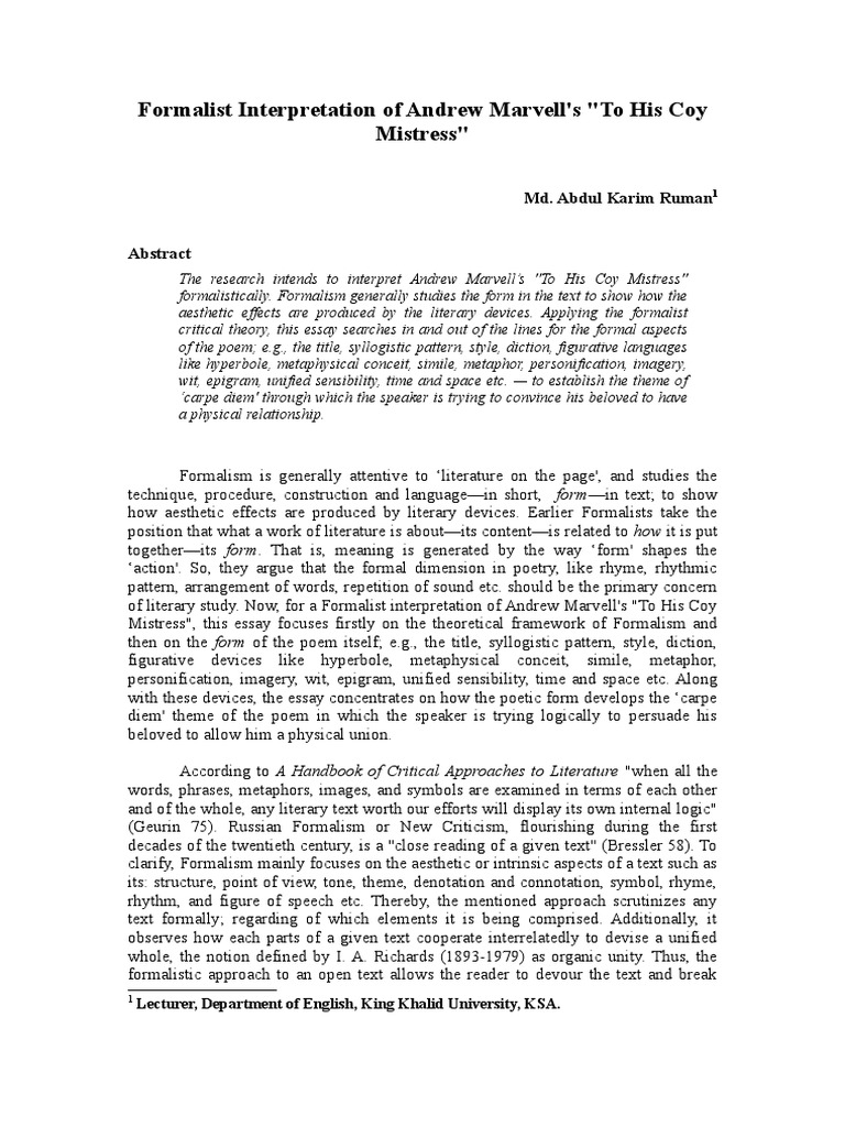 A Formalist Analysis of Literary Devices and Stylistic Techniques Used ...