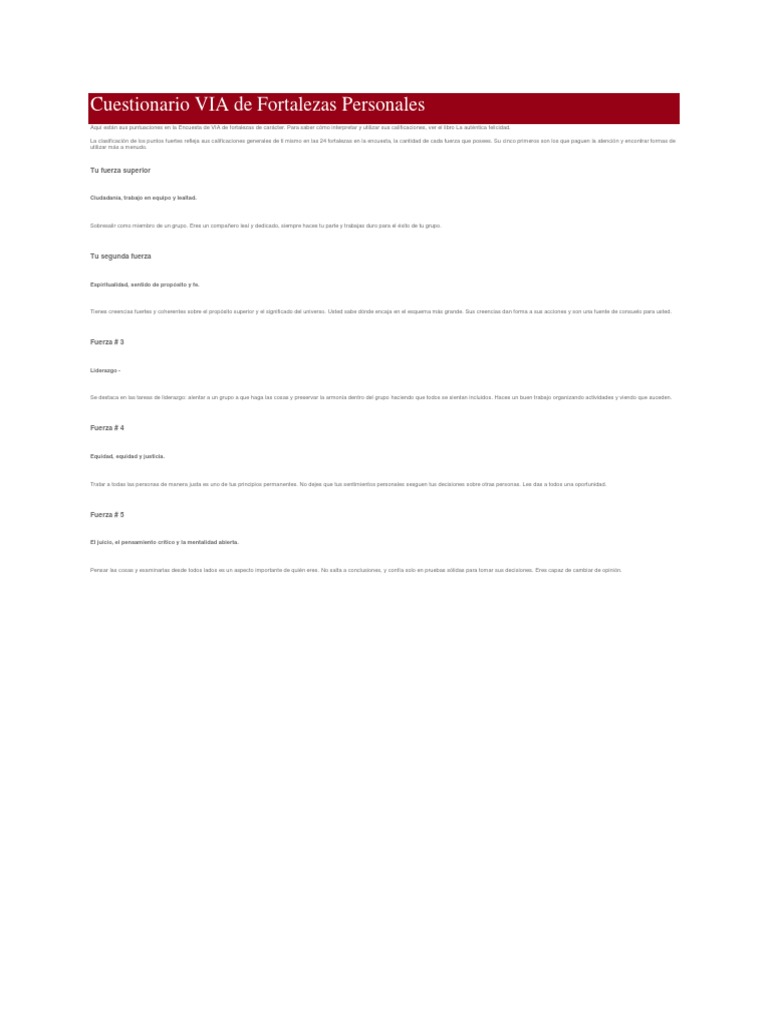 Cuestionario Via de Fortalezas Personales | PDF | Pensamiento crítico ...