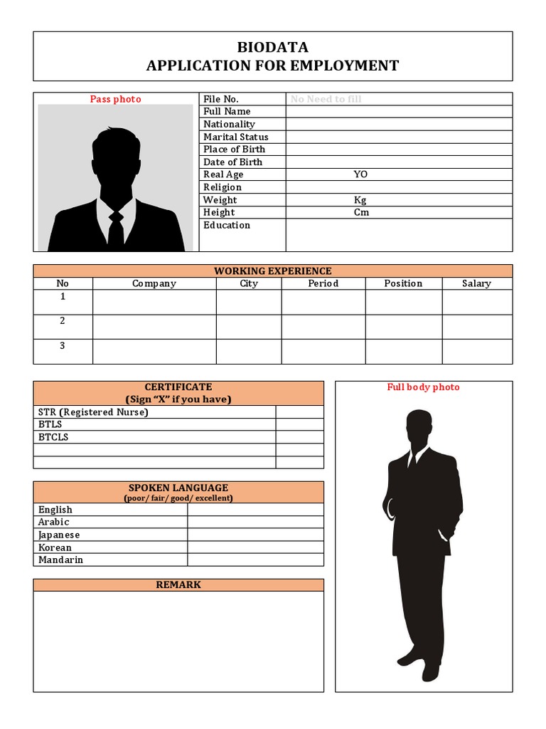 Biodata Application For Employment: Pass Photo | PDF | Languages ...