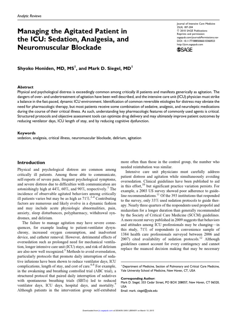 Managing The Agitated Patient in The ICU Sedation, Analgesia, and ...