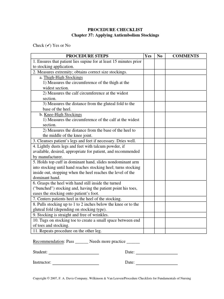 Procedure Checklist Chapter 37: Applying Antiembolism Stockings | PDF