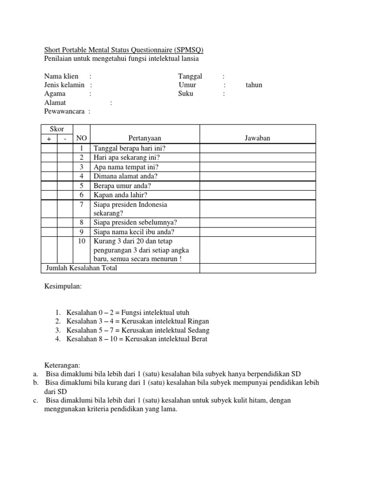 Penilaian Status Mental Lansia SPMSQ | PDF | Pengembangan Diri | Gaya Hidup