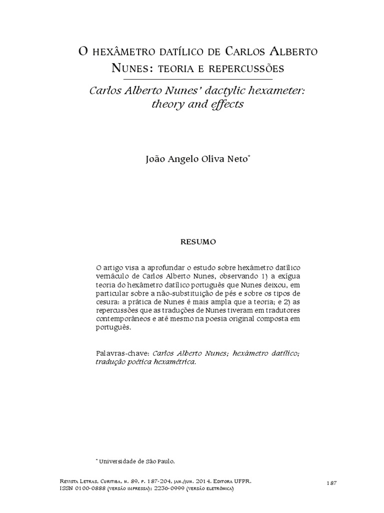 O Hexâmetro Dactílico de Carlos Alberto Nunes Teoria e Repercussões | PDF | Ilíada | Odisseia