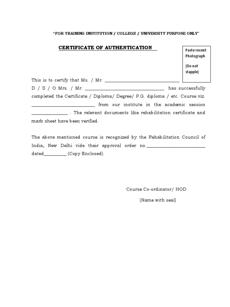 RCI Certificate of Authentication | PDF