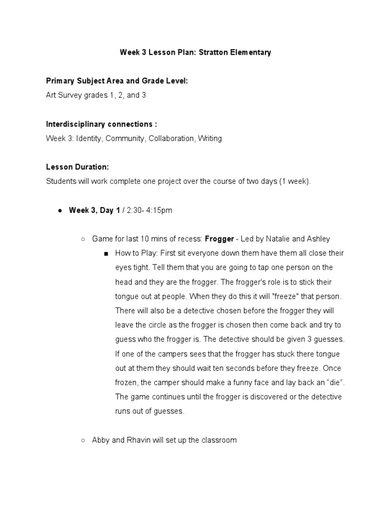 Week 3 Lesson Plan: Stratton Elementary | PDF | Home & Garden | Art