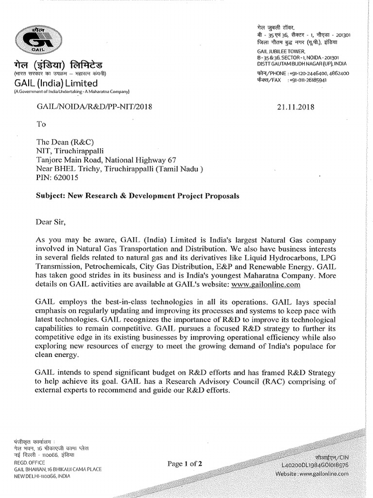 GAIL (India) Limited New R&D Project Proposals | PDF