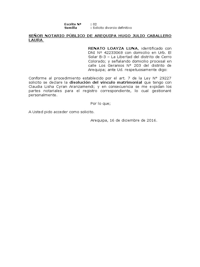 Solicitud de Divorcio Notarial | PDF | Divorcio | Matrimonio