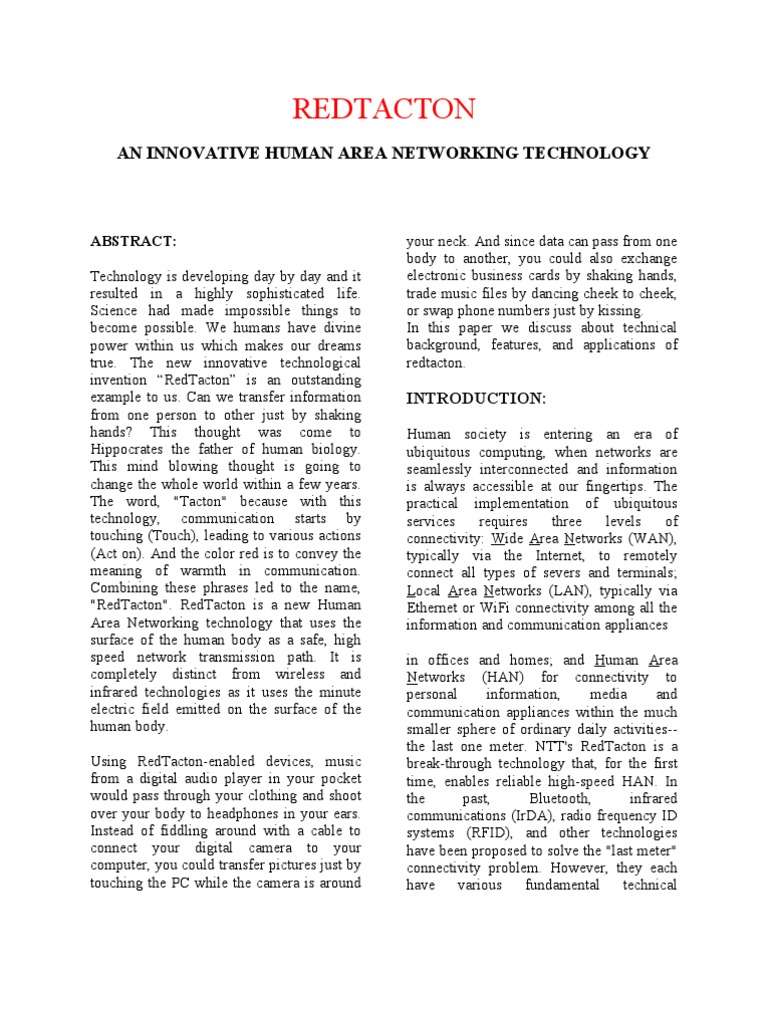 Redtacton: An Innovative Human Area Networking Technology | PDF ...
