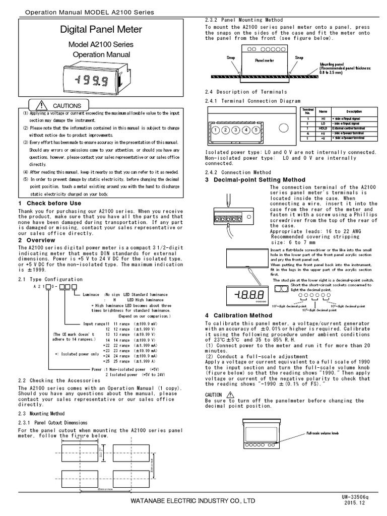 Digital Panel Meter: Model A2100 Series Operation Manual | PDF | Safety ...