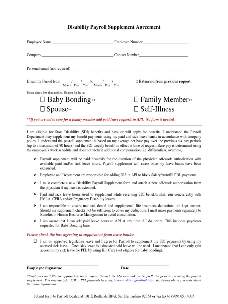 Baby Bonding Family Member Spouse Self-Illness: Disability Payroll ...