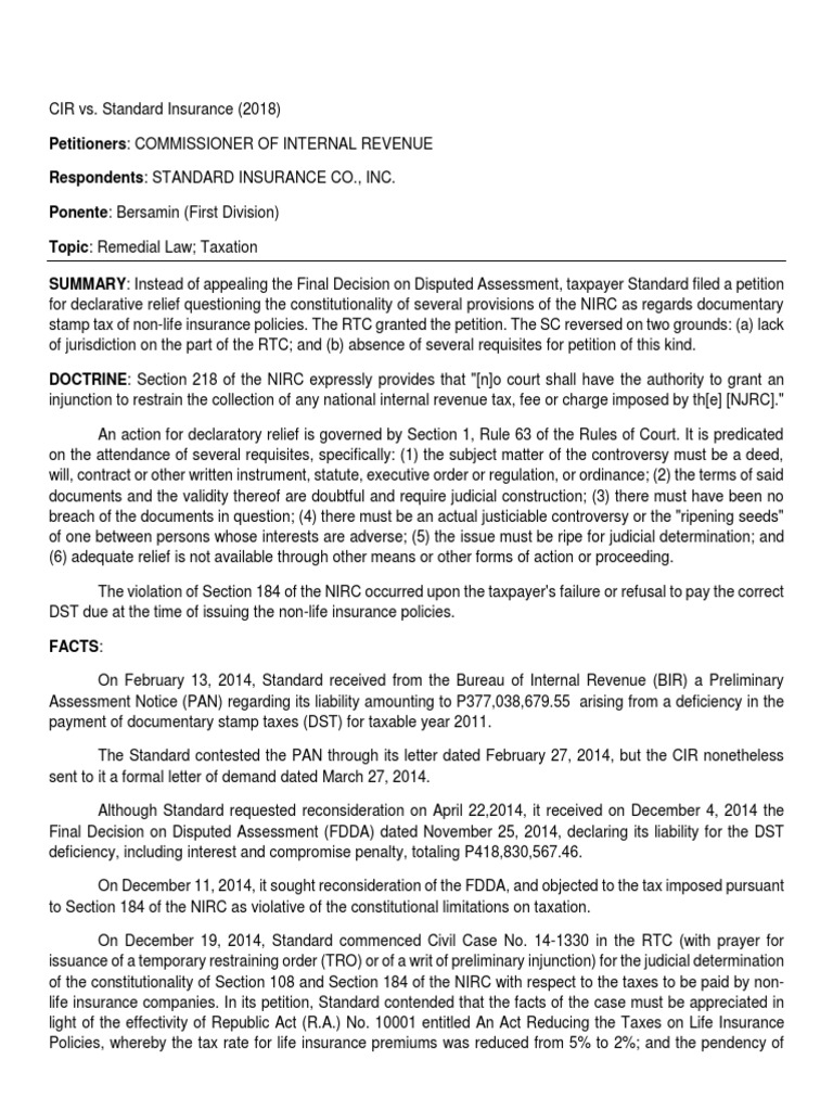 CIR vs. Standard Insurance Digest | PDF | Injunction | Declaratory Judgment