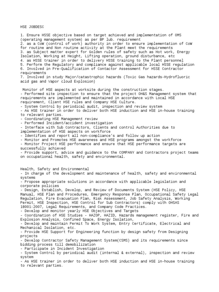 Hse Jobdesc | PDF | Occupational Safety And Health | Regulatory Compliance