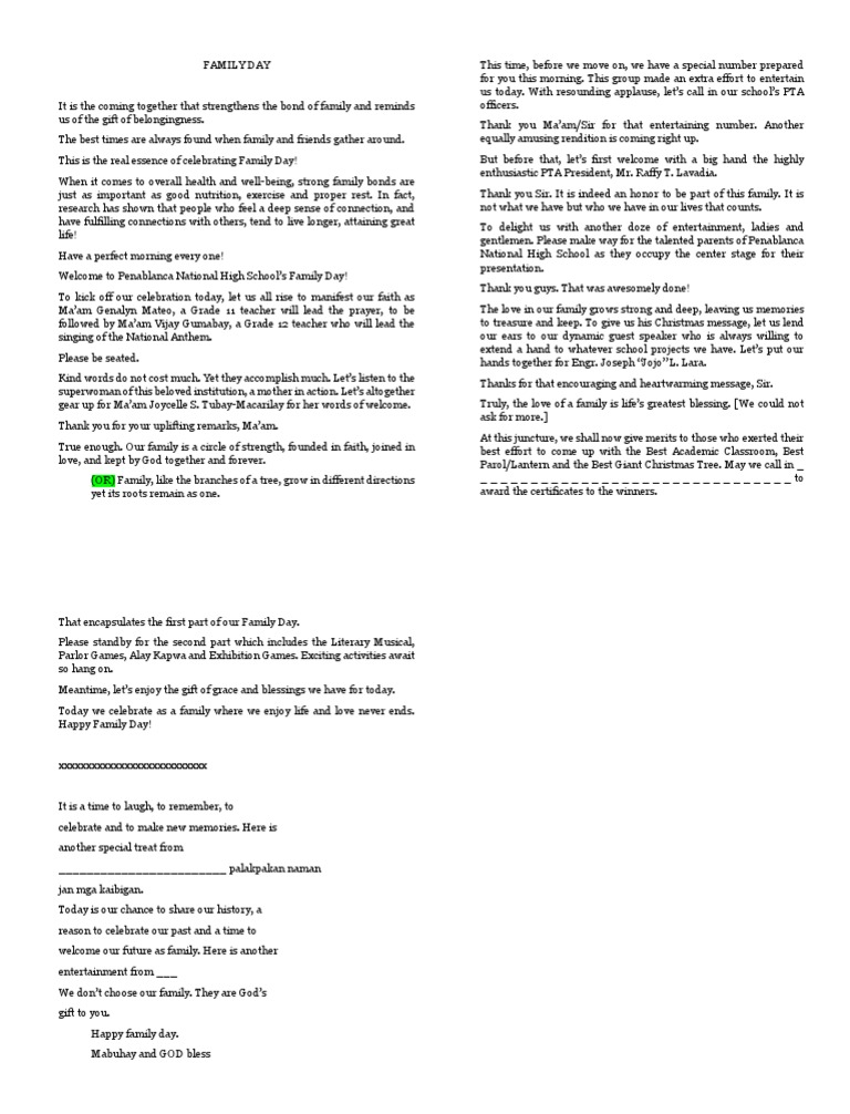 Family Day Script | PDF | Cooking, Food & Wine | Wellness