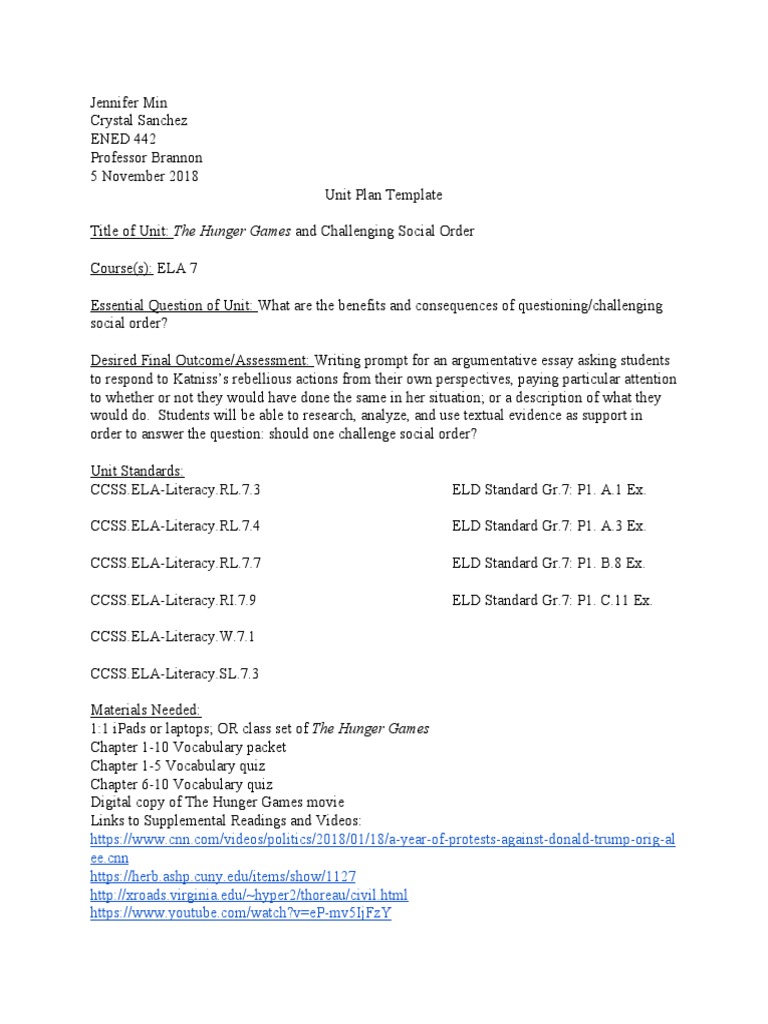 Unit Plan The Hunger Games | PDF | Narration | Narrative