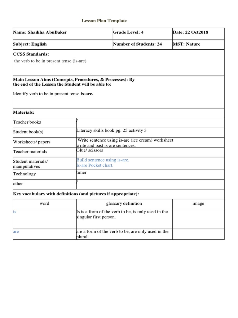 Verb To Be Lesson Plan for Grade 4 | PDF | Grammatical Number | Plural