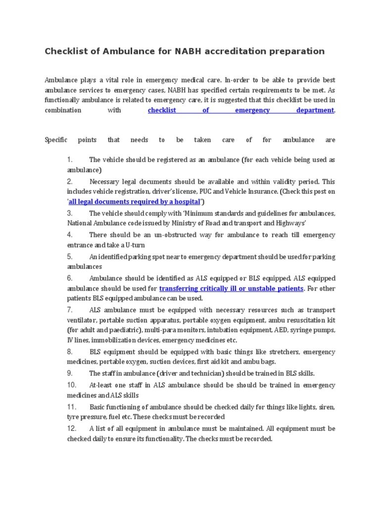 Check List for Ambulance | Ambulance | Emergency Medical Services