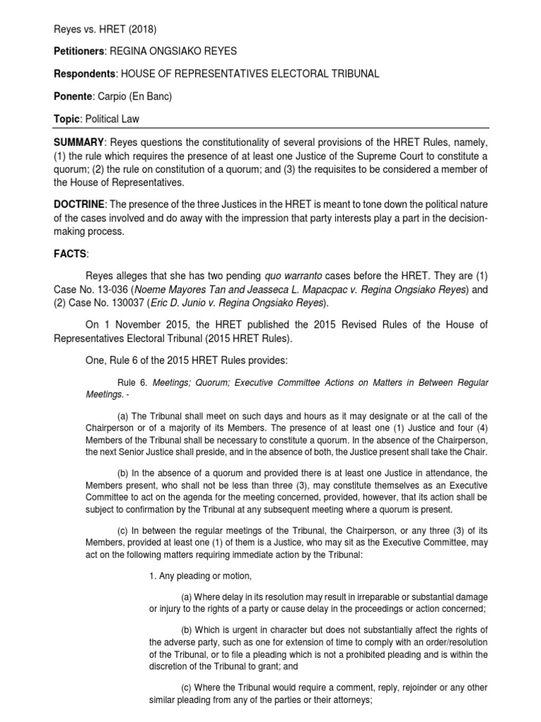 Reyes vs. HRET Digest | PDF | Quorum | Supreme Courts