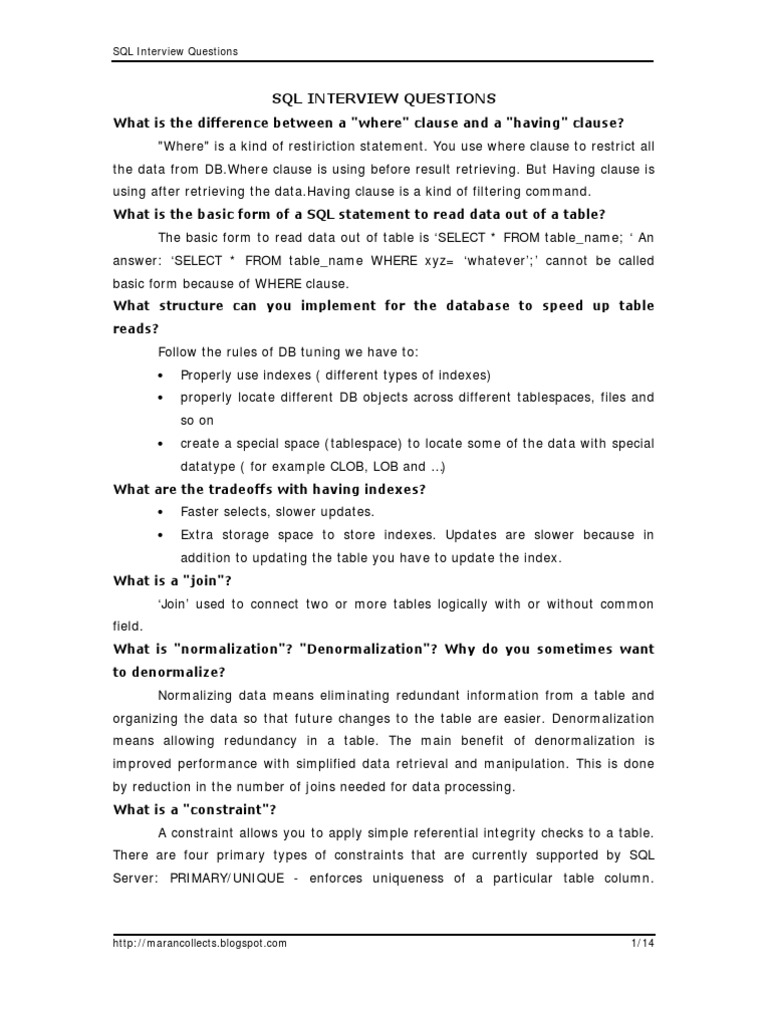 Sql Interview Questions Pdf Relational Database Database Index
