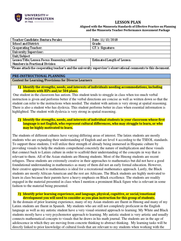 Lesson Plan: Pre-Instructional Planning | PDF | Educational Assessment ...