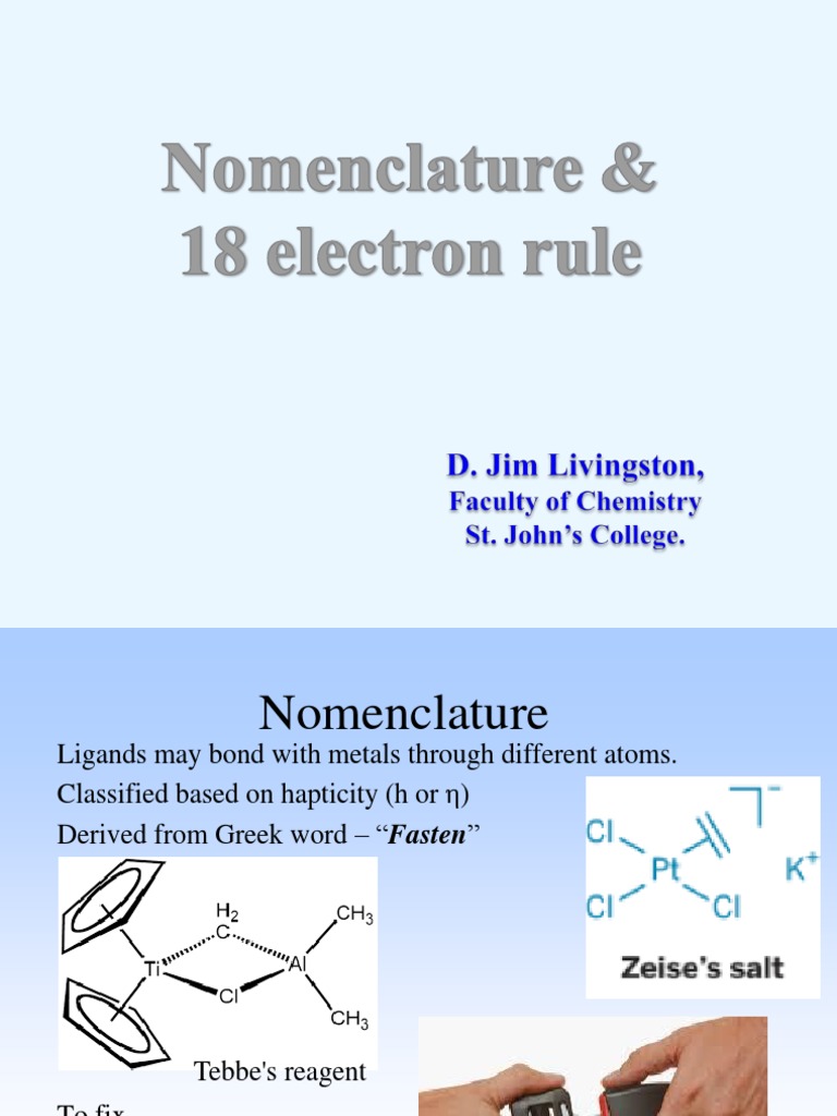 Nomenclature and 18 Electron Rule | PDF | Ligand | Chemical Elements