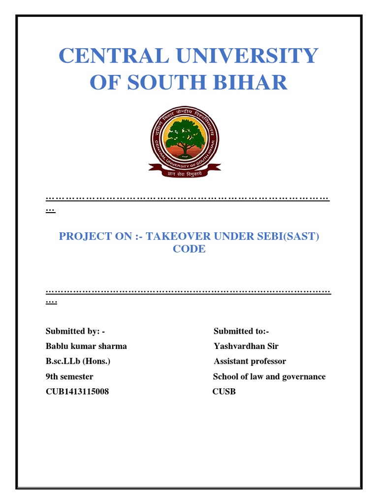 Central University of South Bihar: Project On:-Takeover Under Sebi ...