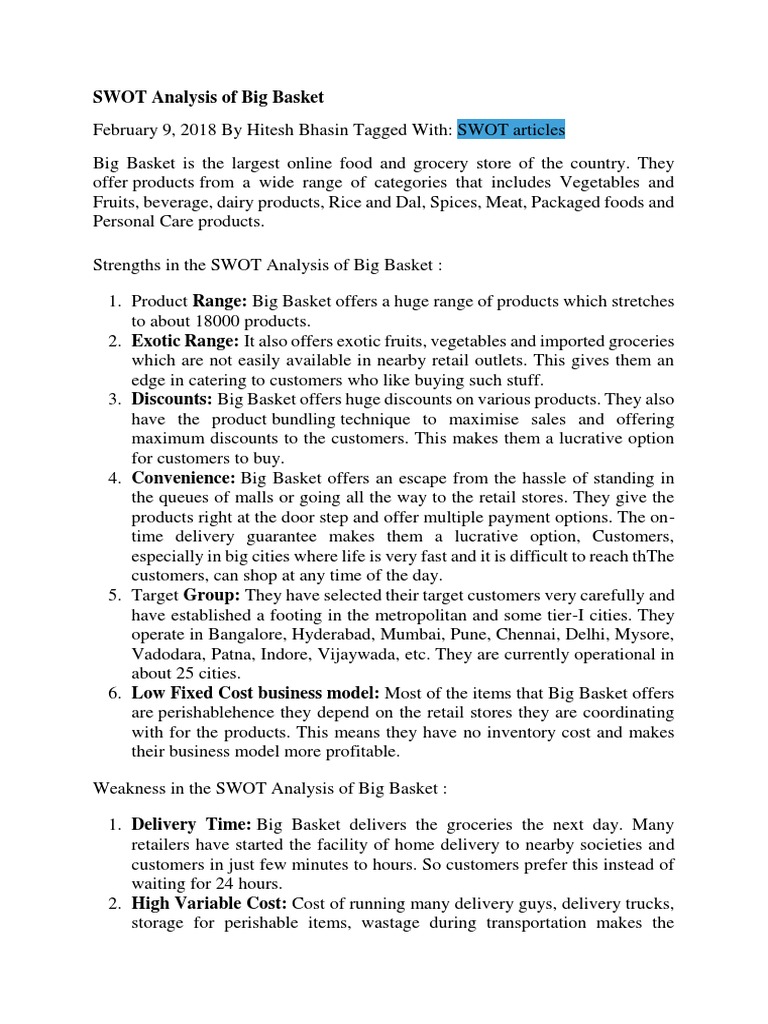 SWOT Analysis of Big Basket | PDF | Grocery Store | Delivery (Commerce)