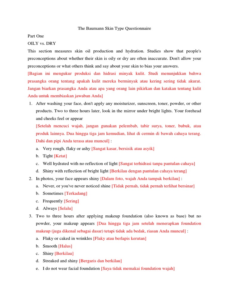Baumann Skin Type Questionnaire Guide | PDF | Dermatitis ...