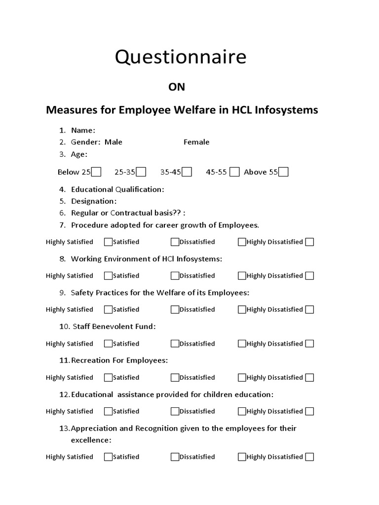 Questionnaire: ON Measures For Employee Welfare in HCL Infosystems ...