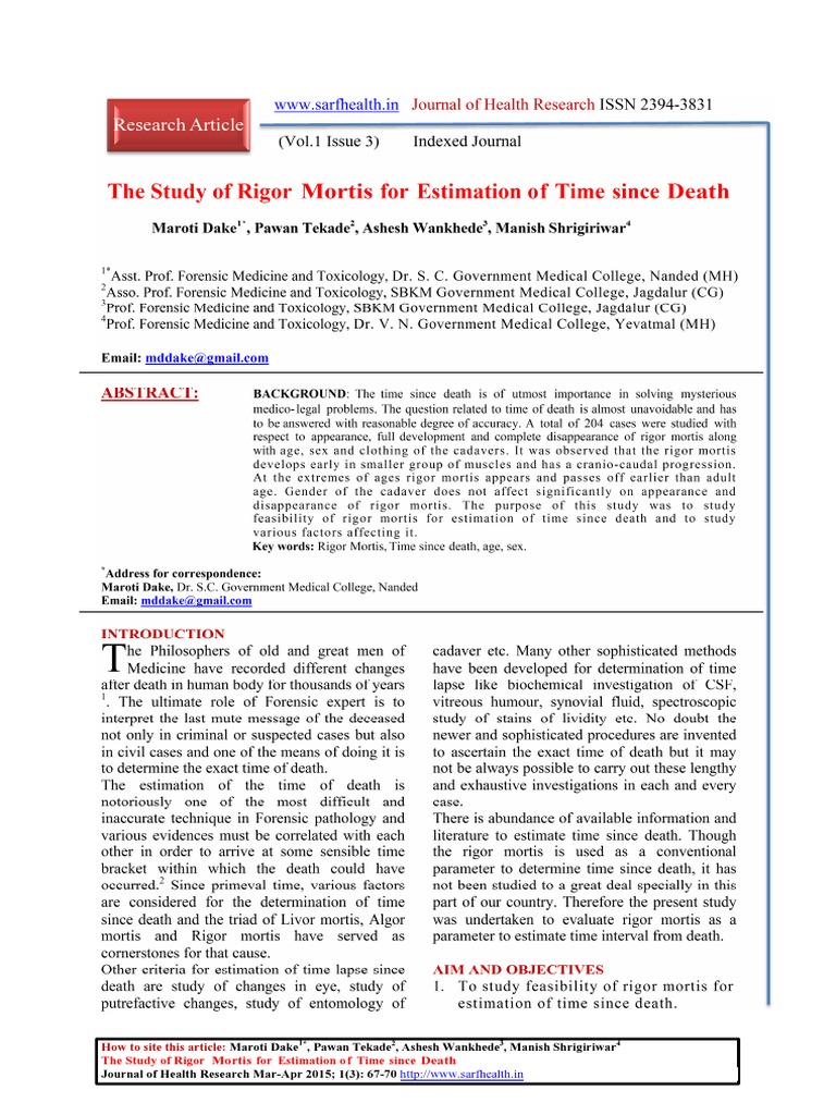 The Study of Rigor Mortis For Estimation of Time Since Death | PDF ...