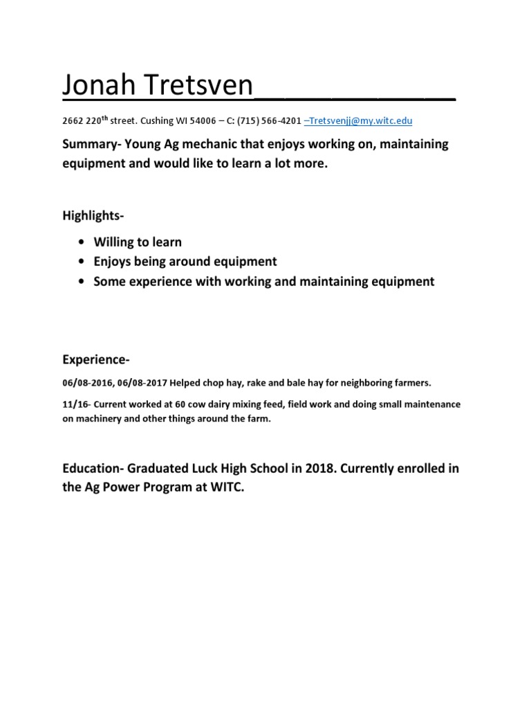 Jonah Tretsven - : 2662 220 Street. Cushing WI 54006 - C: (715) 566 ...