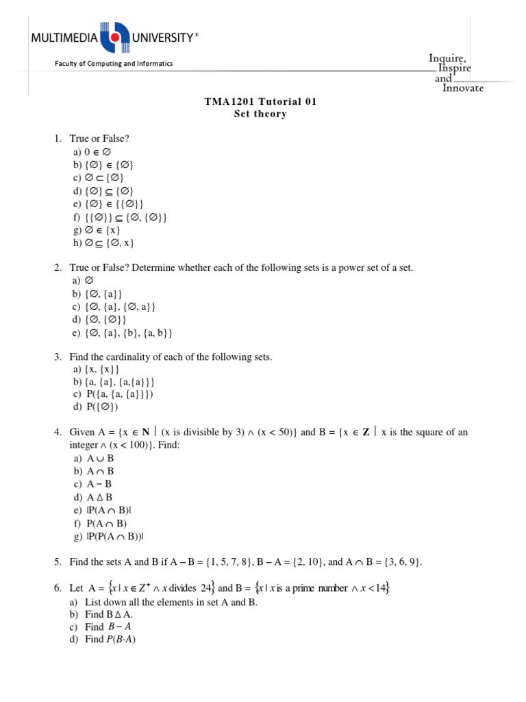 Tutorial 01 Set Theory | PDF