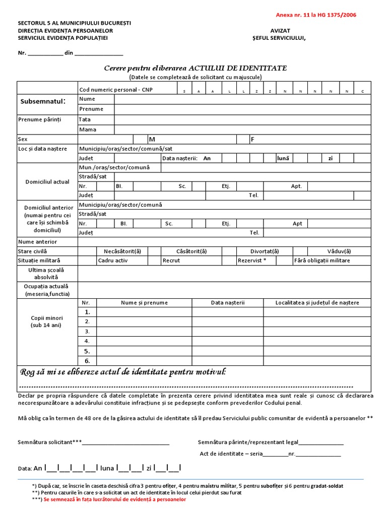 Cerere Pentru Eliberarea Actului De Identitate Model Completat
