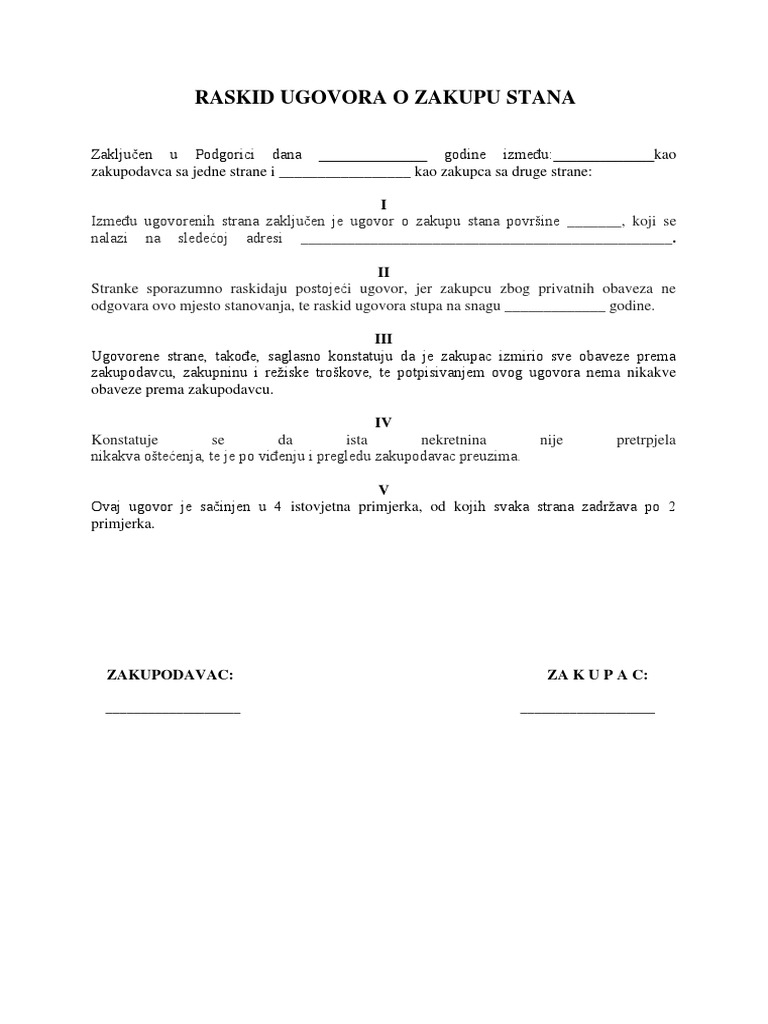 Raskid Ugovora o Zakupu Stana