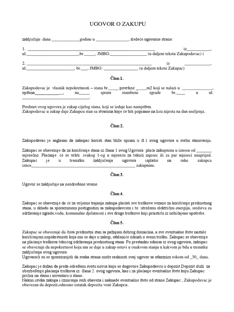 Ugovor o Zakupu Stana