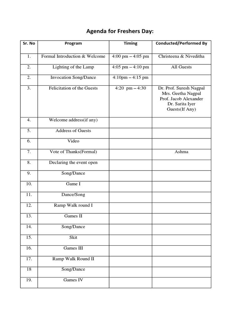 Agenda For Freshers Day Tentative and Com List | PDF | Leisure