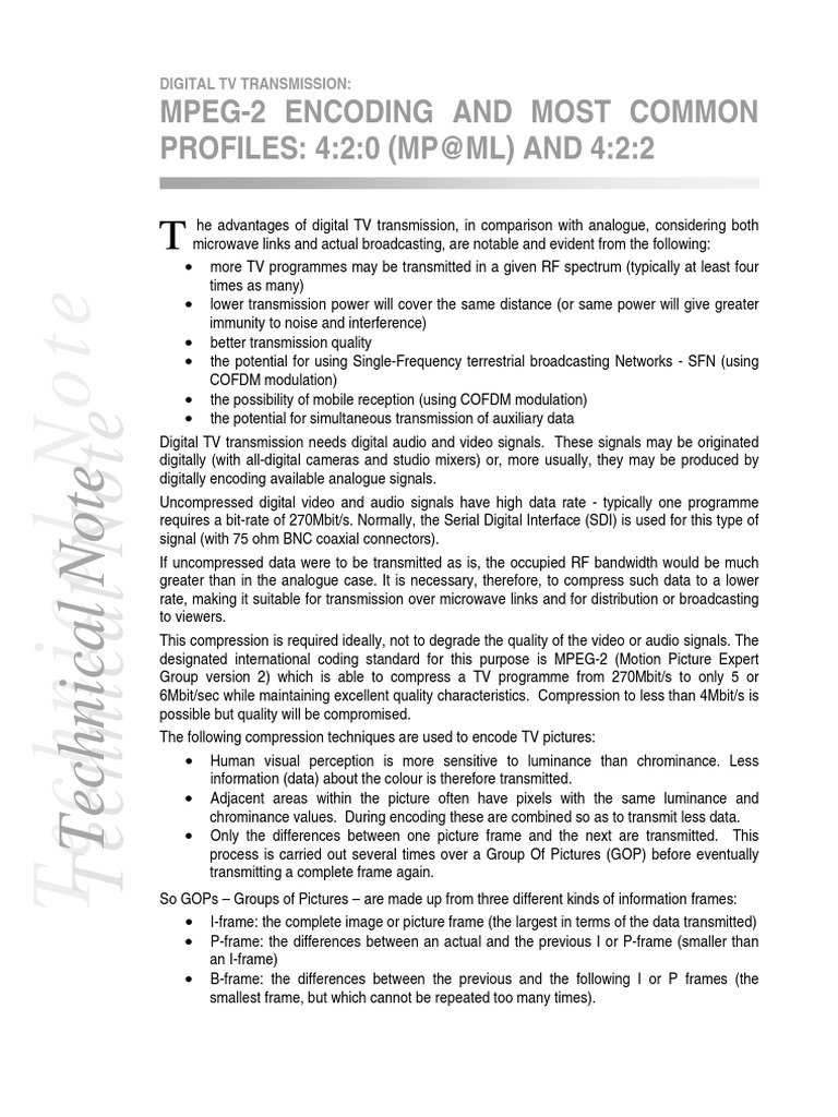Mpeg-2 Encoding and Most Common PROFILES: 4:2:0 (MP@ML) AND 4:2:2 | PDF ...