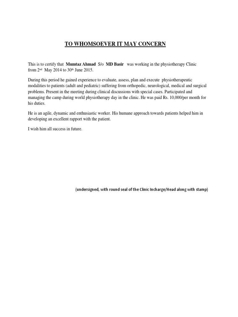 Experience Certificate Format, Physiotherapist/Hospital/Nurshing Home ...