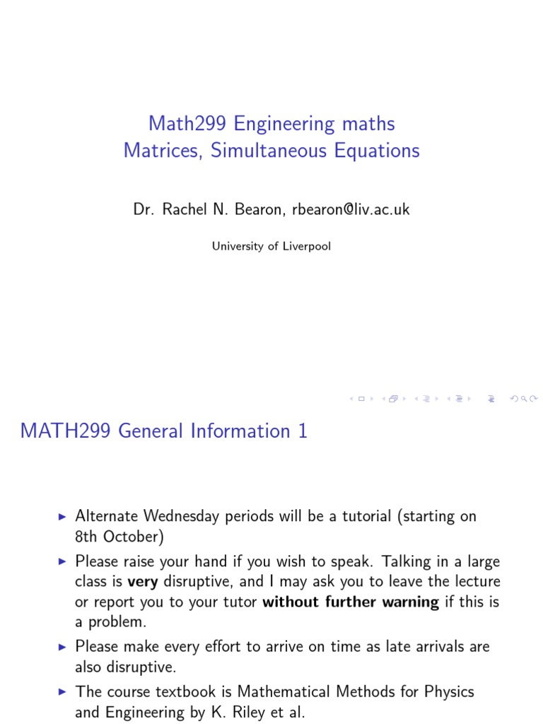 Math299 Engineering Maths Matrices, Simultaneous Equations: Dr. Rachel ...