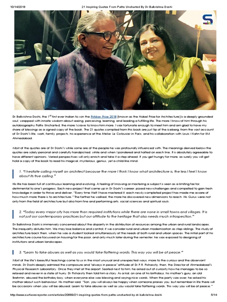 21 Inspiring Quotes From Paths Uncharted By Dr Balkrishna Doshi Pdf
