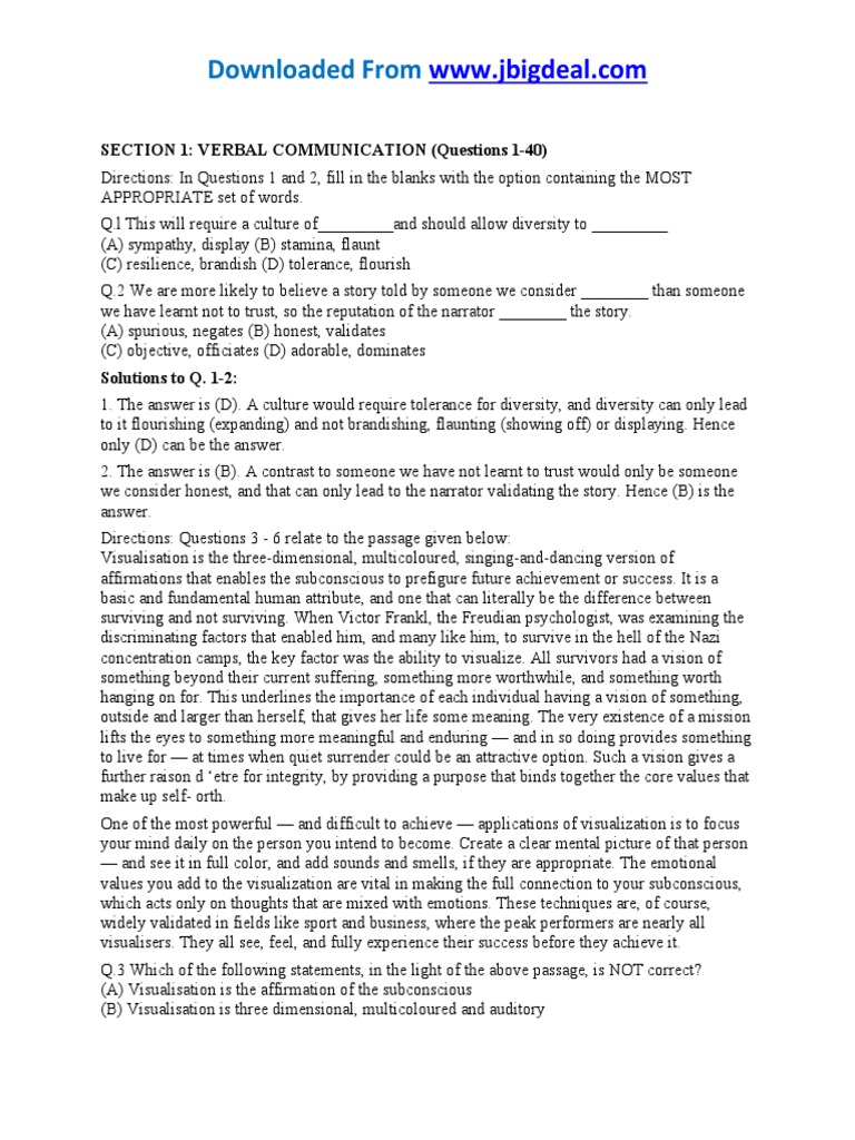 Downloaded From: SECTION 1: VERBAL COMMUNICATION (Questions 1-40) | PDF ...