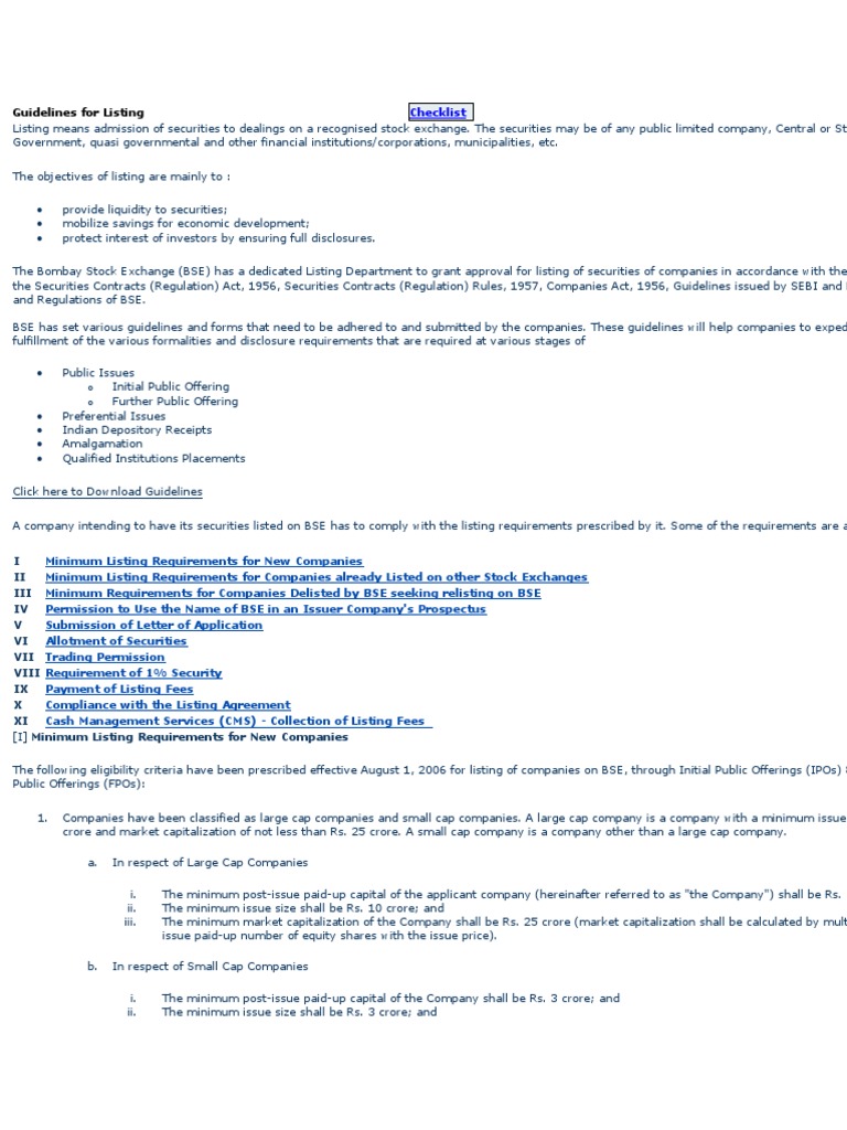 Guidelines For Listing: Checklist | PDF | Securities (Finance) | Stocks