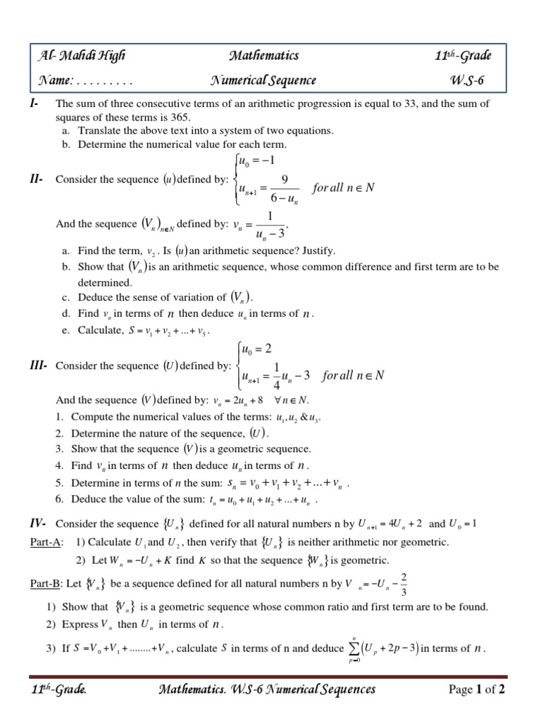 Al-Mahdi High Mathematics 11 - Grade Name: - . - . - . - . - Numerical ...