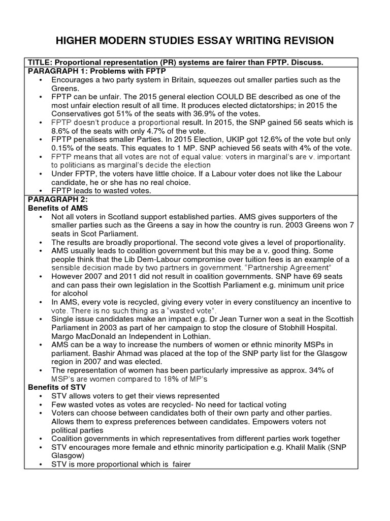 Higher Modern Studies Essay Writing Revision | PDF | Voting | Elections
