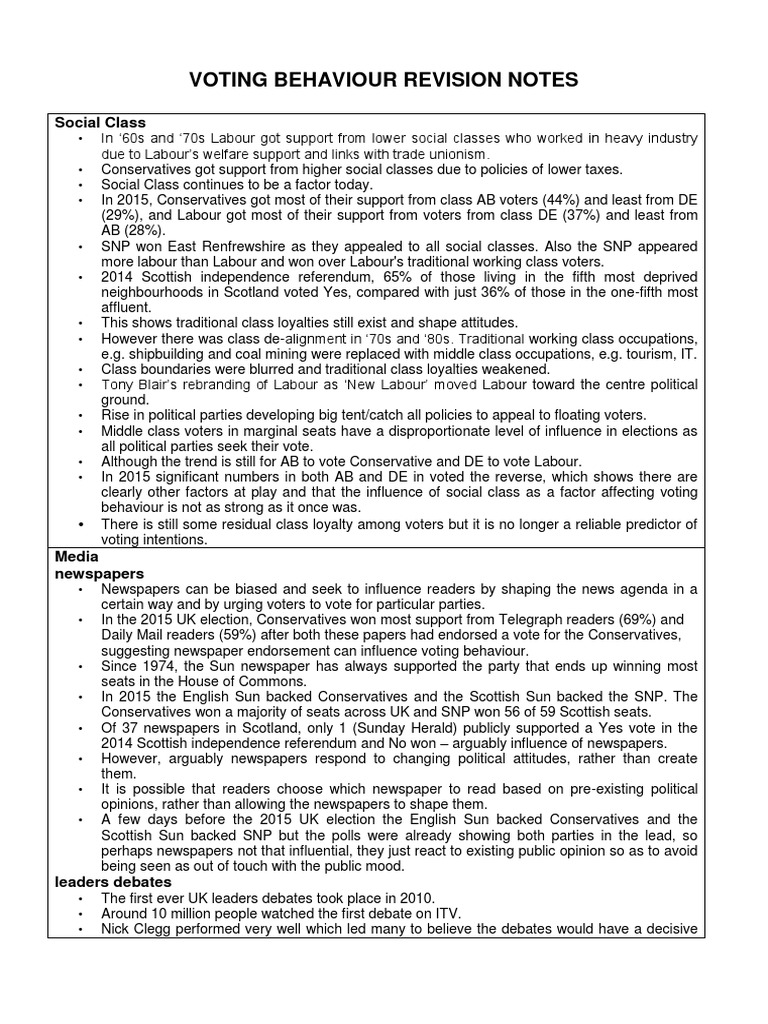 Voting Behaviour Revision Notes: Social Class | PDF | Labour Party (Uk ...