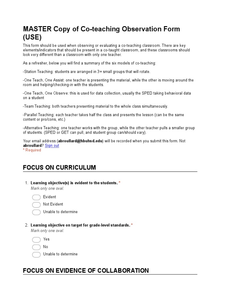 Co-Teaching Classroom Observation Form | PDF | Classroom | Teachers