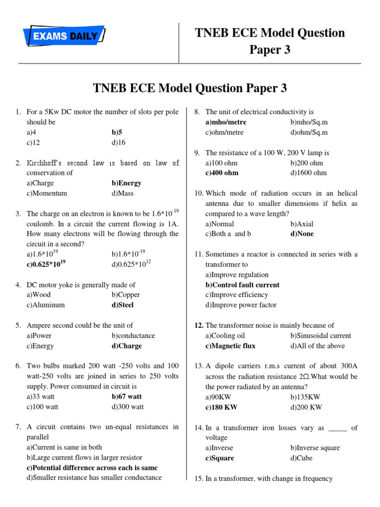 TNEB ECE Model Question Paper 3 | PDF | Series And Parallel Circuits ...